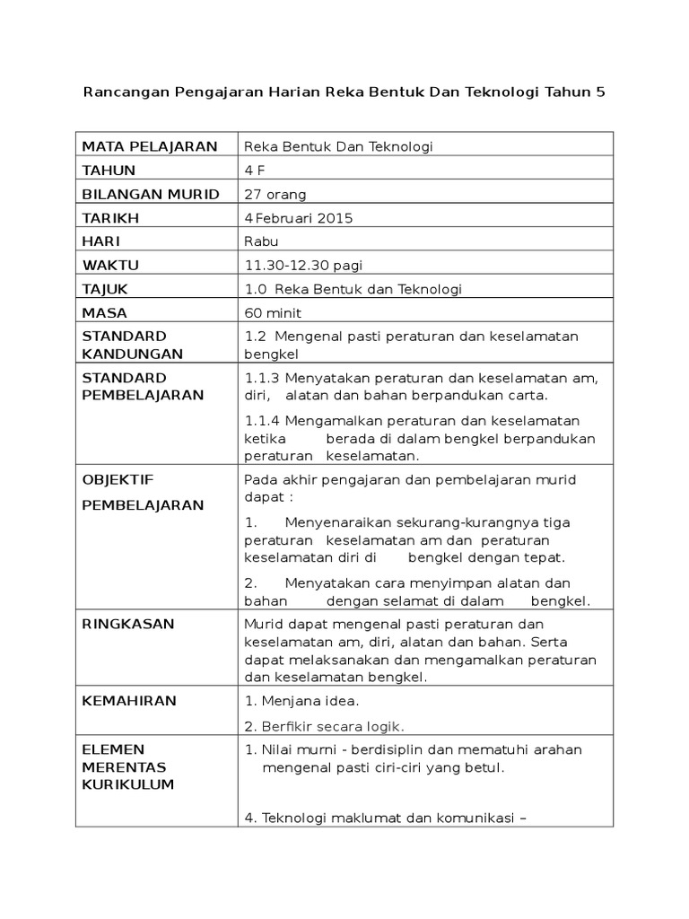 RPH RBT Tahun 4 Peraturan Bengkel Dan Am | PDF | Karier & Perkembangan ...