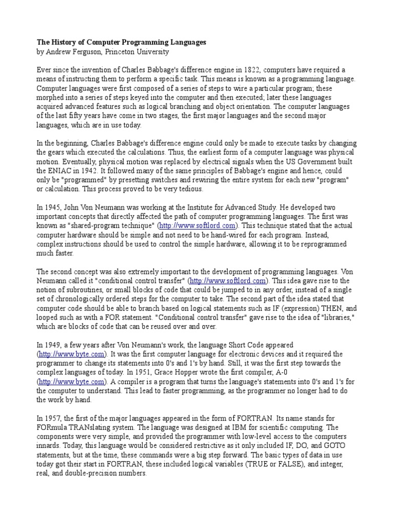 History of Computers Prog Lang Article | PDF | C (Programming Language ...