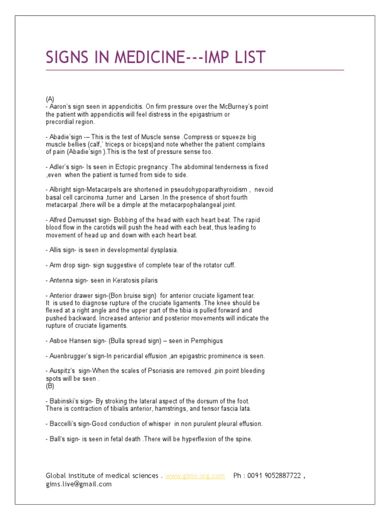 Signs in Medicine - Imp List: Global Institute of Medical Sciences - PH ...