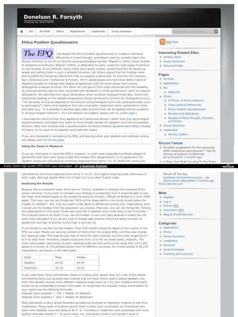 Donelson R. Forsyth: Ethics Position Questionnaire Interesting Related ...
