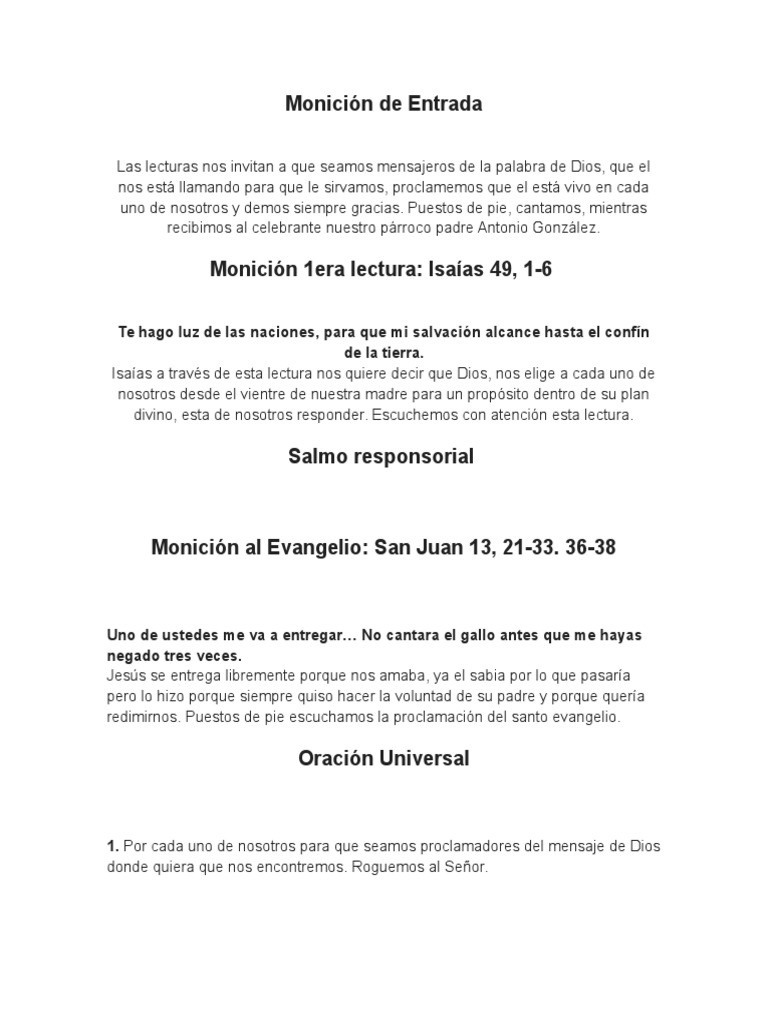 Monición de Entrada | PDF | Misa (liturgia) | Creencia religiosa y doctrina