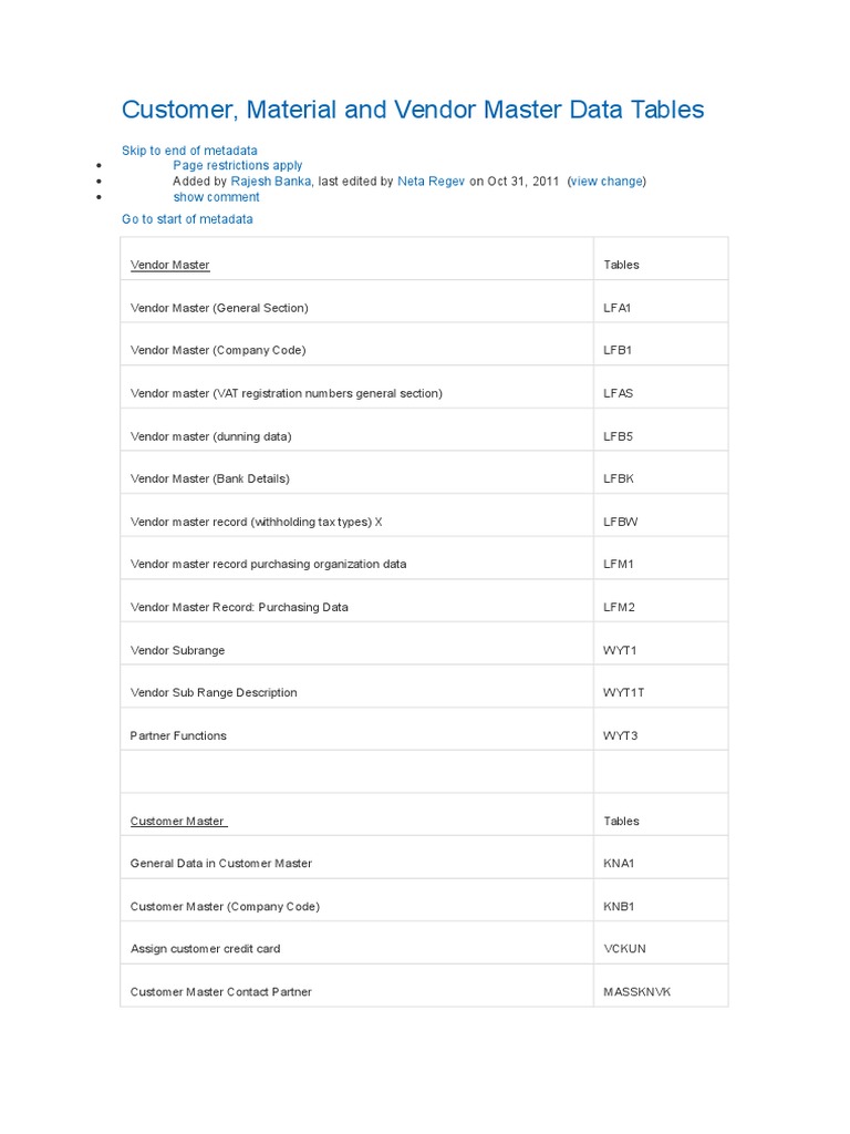 Master Data Tables for Customers, Materials, and Vendors in SAP | PDF
