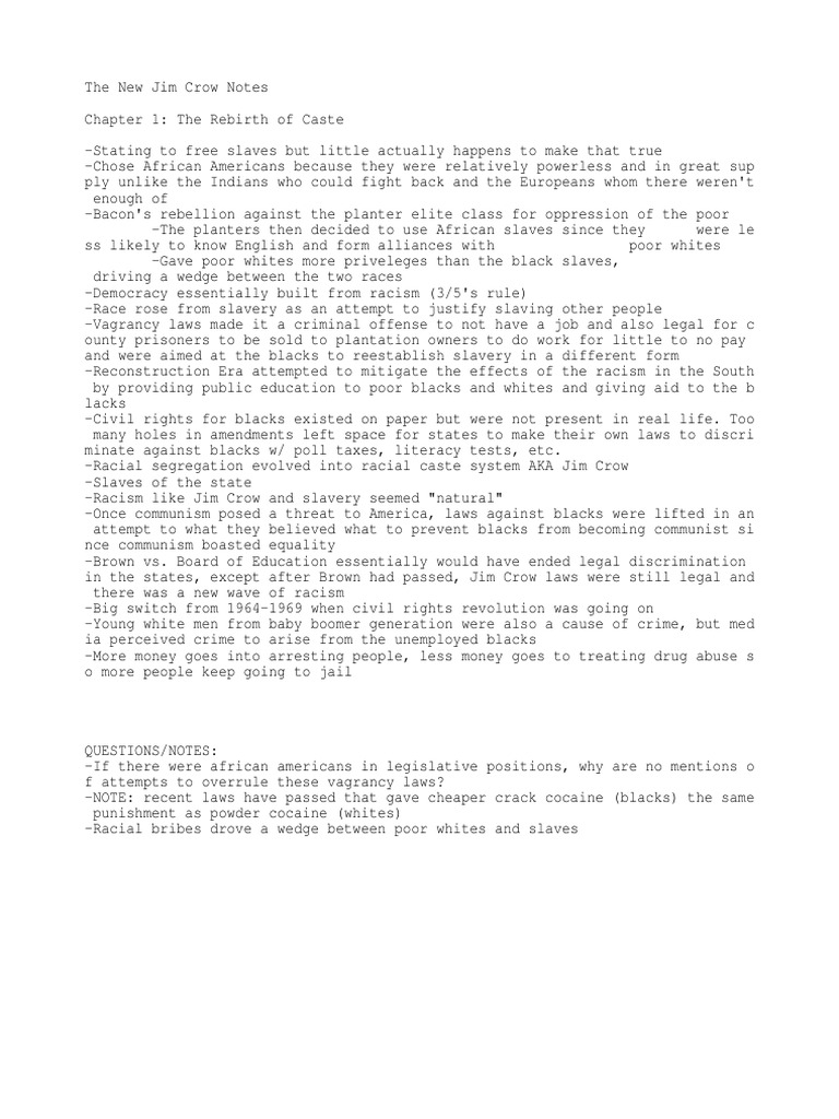 Chapter 1 The New Jim Crow Notes | PDF