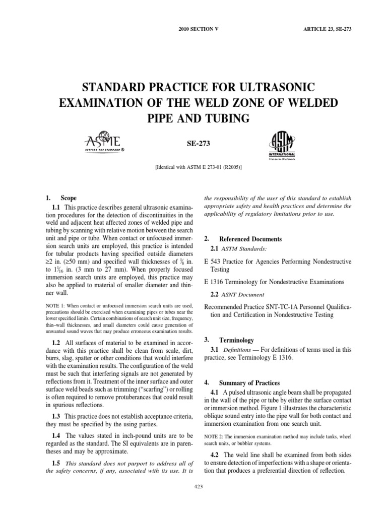 Astm Se-273 | PDF | Nondestructive Testing | Pipe (Fluid Conveyance)