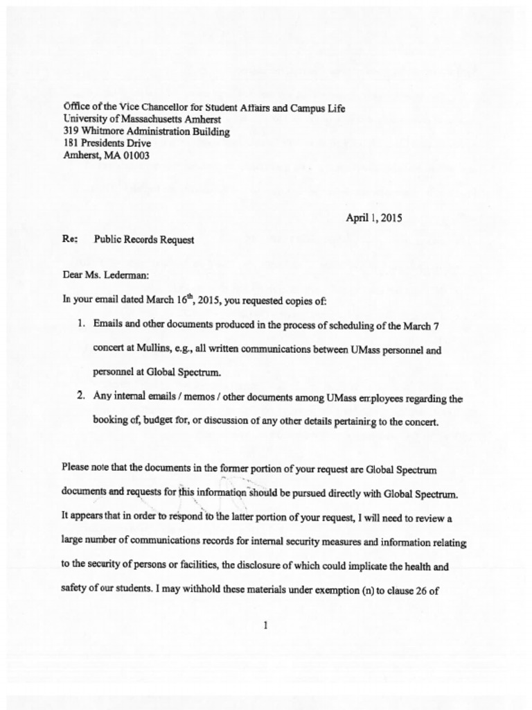UMass Response To Public Records Request | PDF
