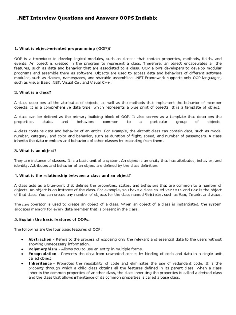 NET Interview Questions and Answers OOPS Indiabix | PDF | Class (Computer Programming) | Method ...