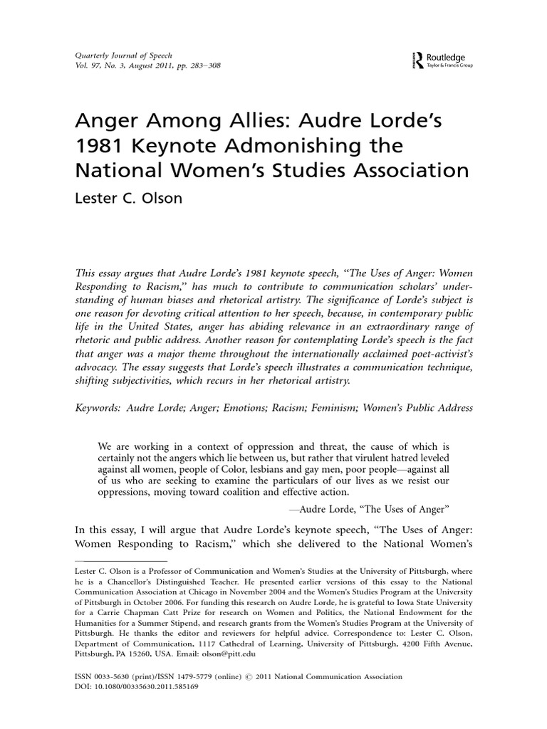Anger Among Allies: Audre Lorde's 1981 Keynote Admonishing The National ...
