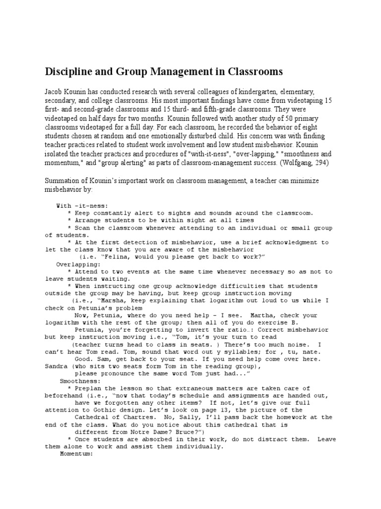Kounin's Classroom Management Strategies | PDF | Classroom Management ...