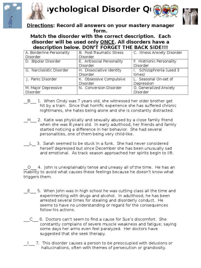 Psychological Disorders Quiz | PDF | Mental Disorder | Borderline ...