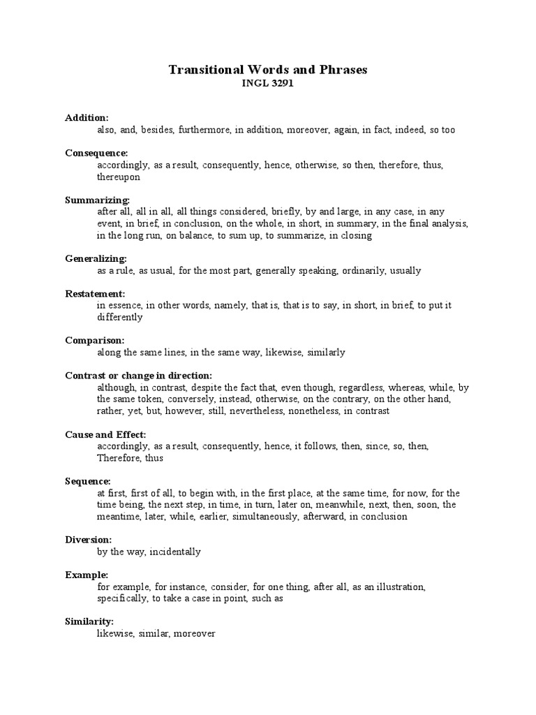 Transitional Words and Phrases | PDF