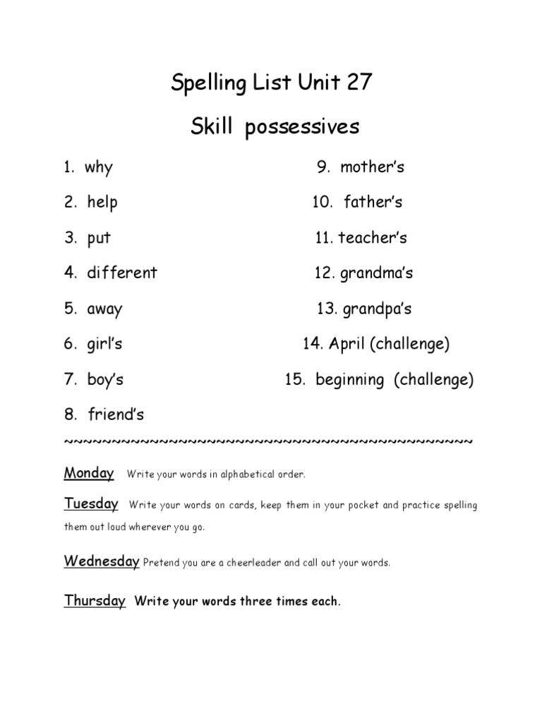 Unit 27 Spelling Practice Guide | PDF | Language Arts & Discipline