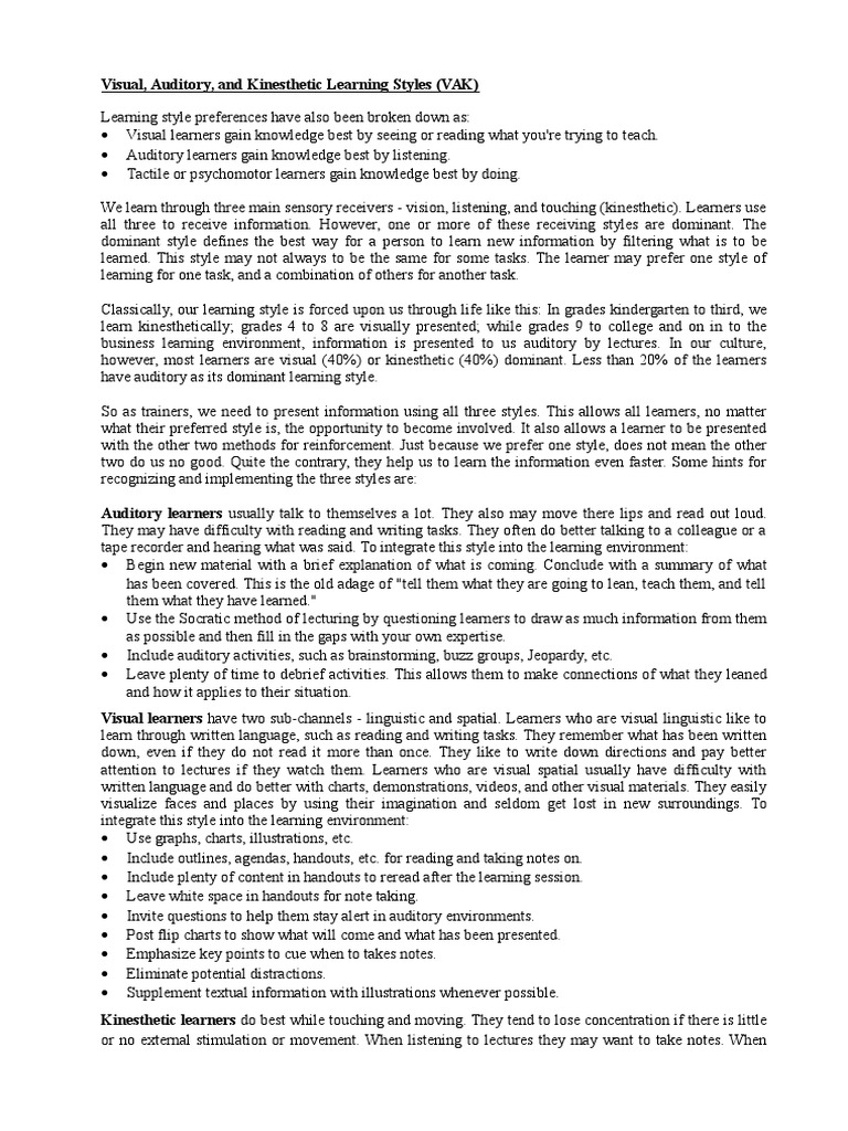 VAK Learning Styles | PDF | Learning Styles | Neuropsychology