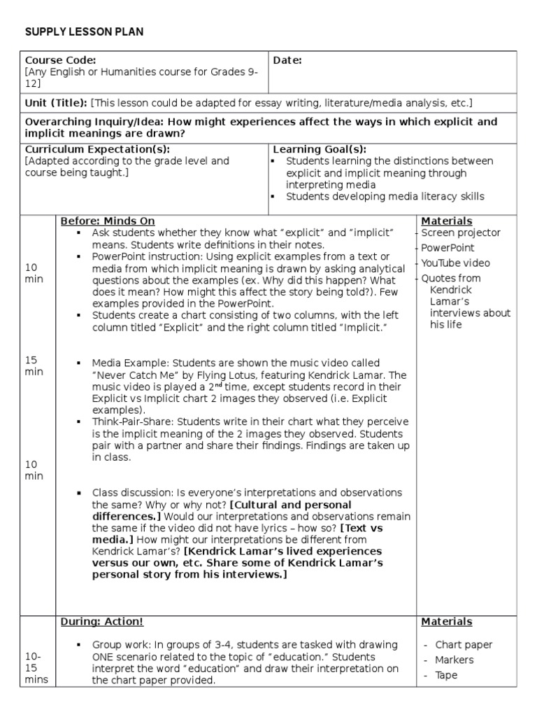 Explicit Vs Implict Lesson Plan | PDF | Lesson Plan | Curriculum