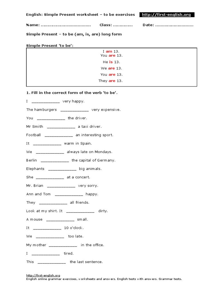 Simple Present 'To Be' Worksheet | PDF