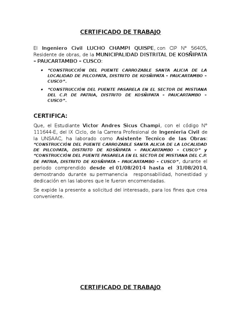 Certificado de Trabajo | PDF | Obras intelectuales | Ingeniería