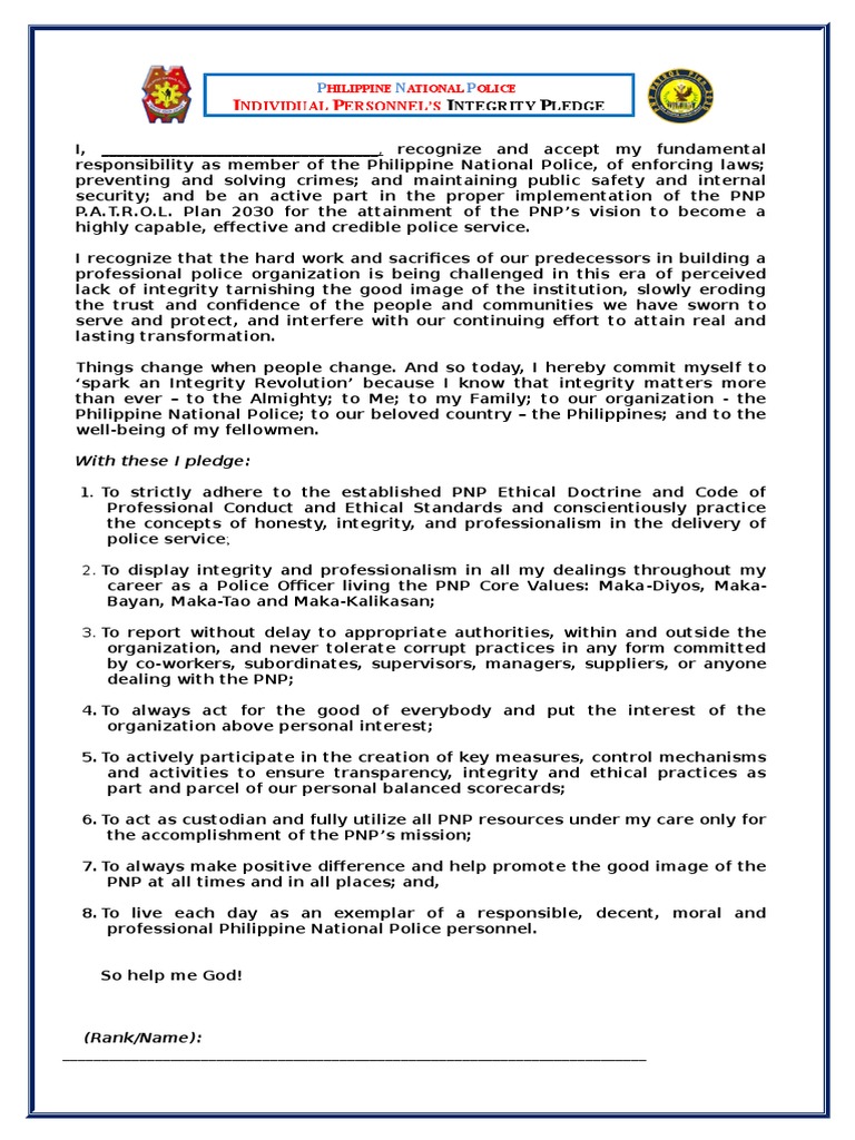 Integrity Pledge (Individual) | PDF | Integrity | Police