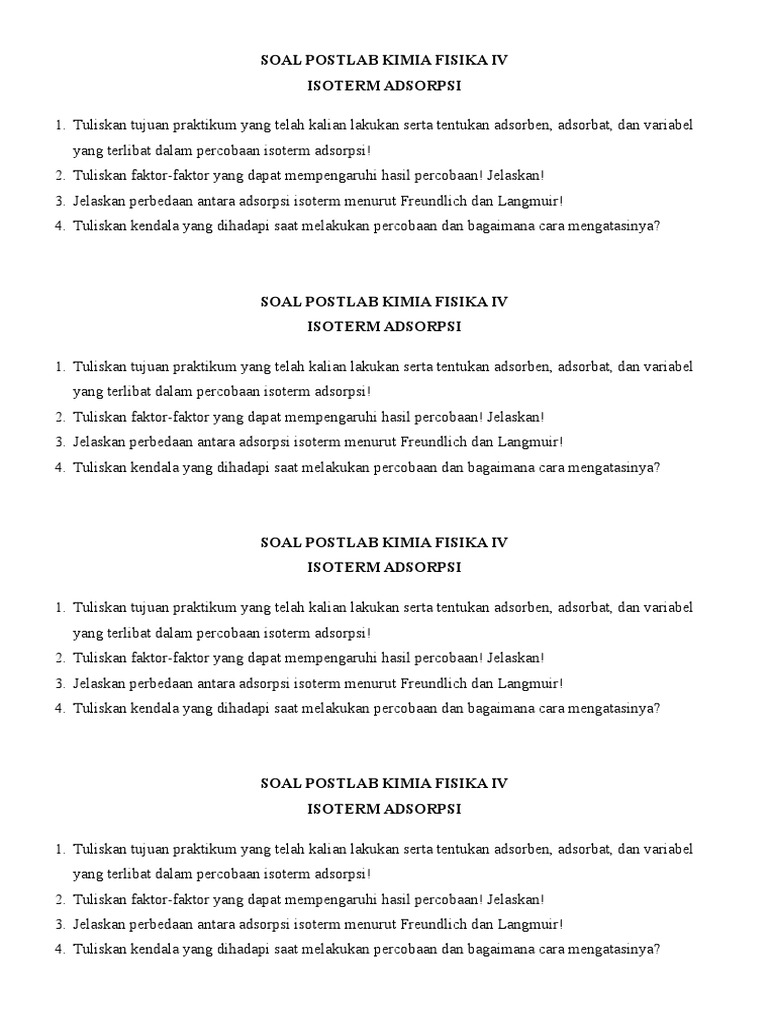 Isoterm Adsorpsi: Soal Postlab Kimia Fisika | PDF | Seni & Disiplin Bahasa