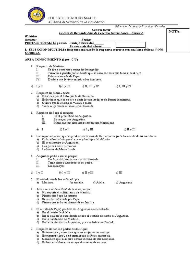 Prueba La Casa de Bernarda Alba-Forma A | PDF