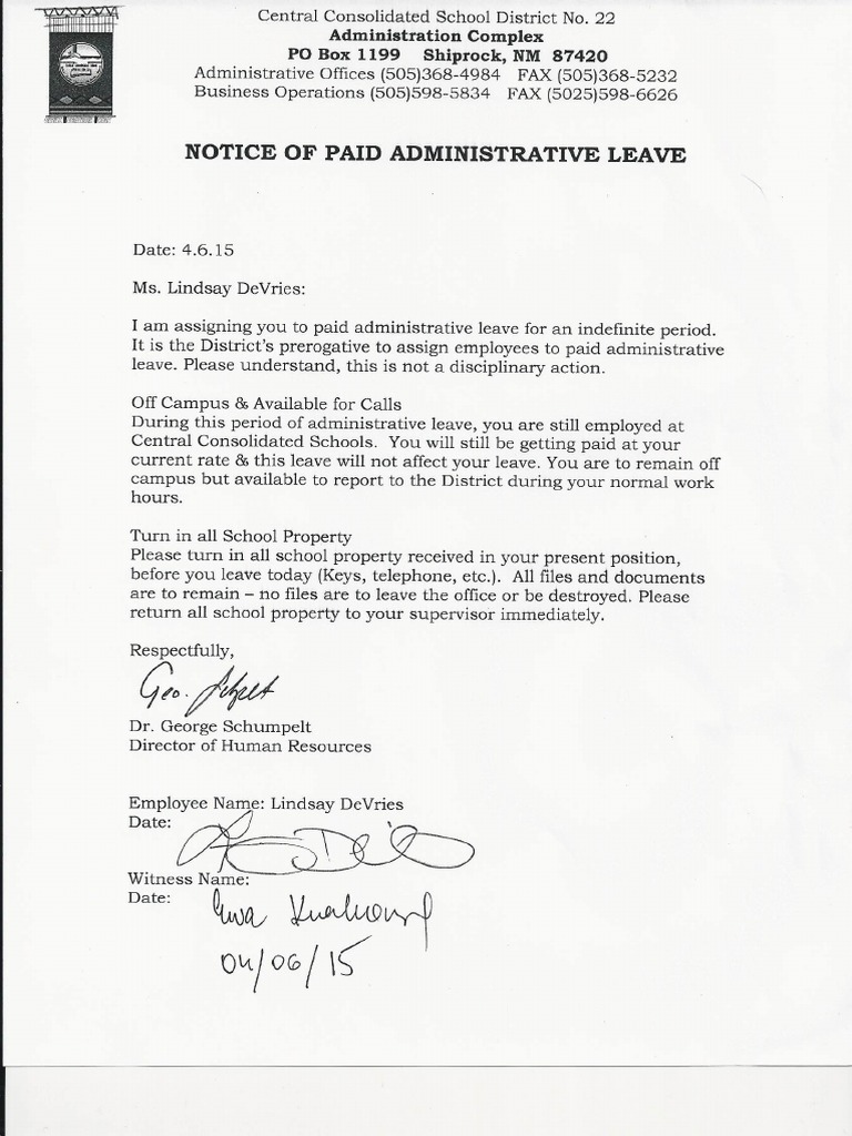 Administrative Leave Notice - Lindsay DeVries | PDF