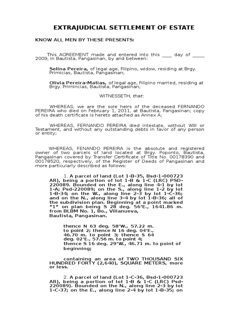 Extrajudicial Settlement of Estate | PDF | Civil Law (Legal System ...