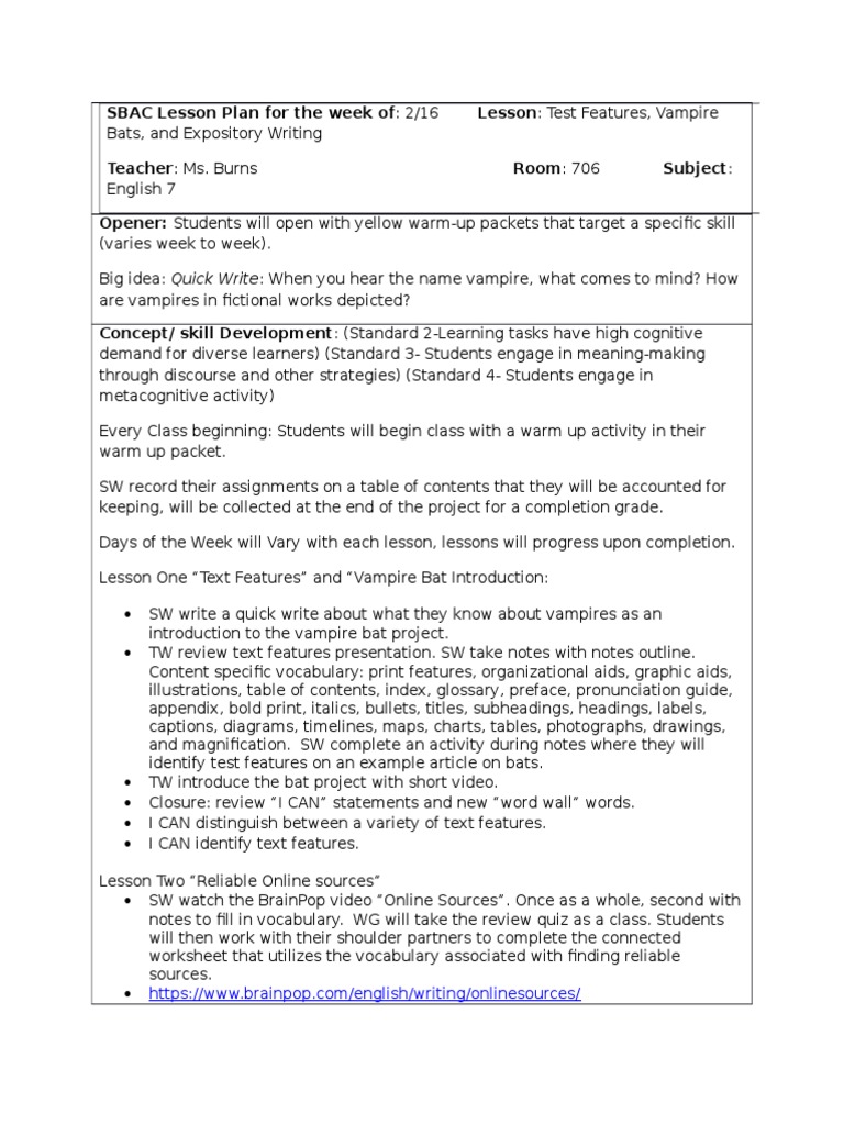 Whole Lesson Plan V Bats | Download Free PDF | Lesson Plan | Citation