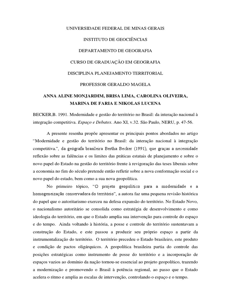 Resenha BERTHA BECKER | PDF | Geopolítica | Estado