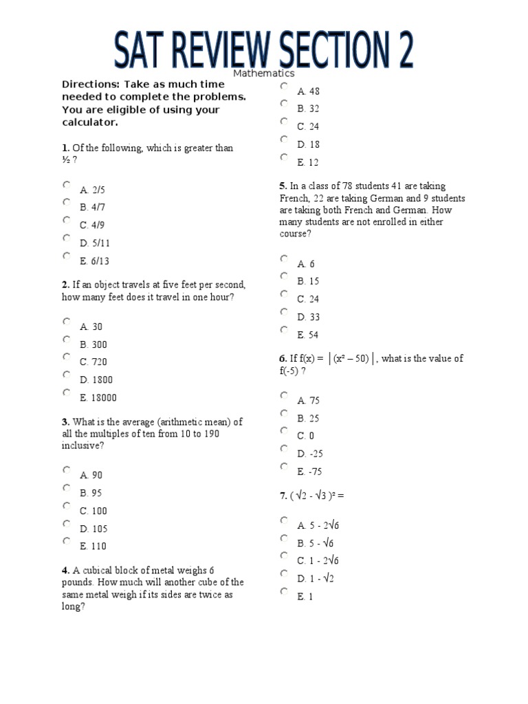 Sat Review Packet Week 1 with math | Numbers | Physics & Mathematics