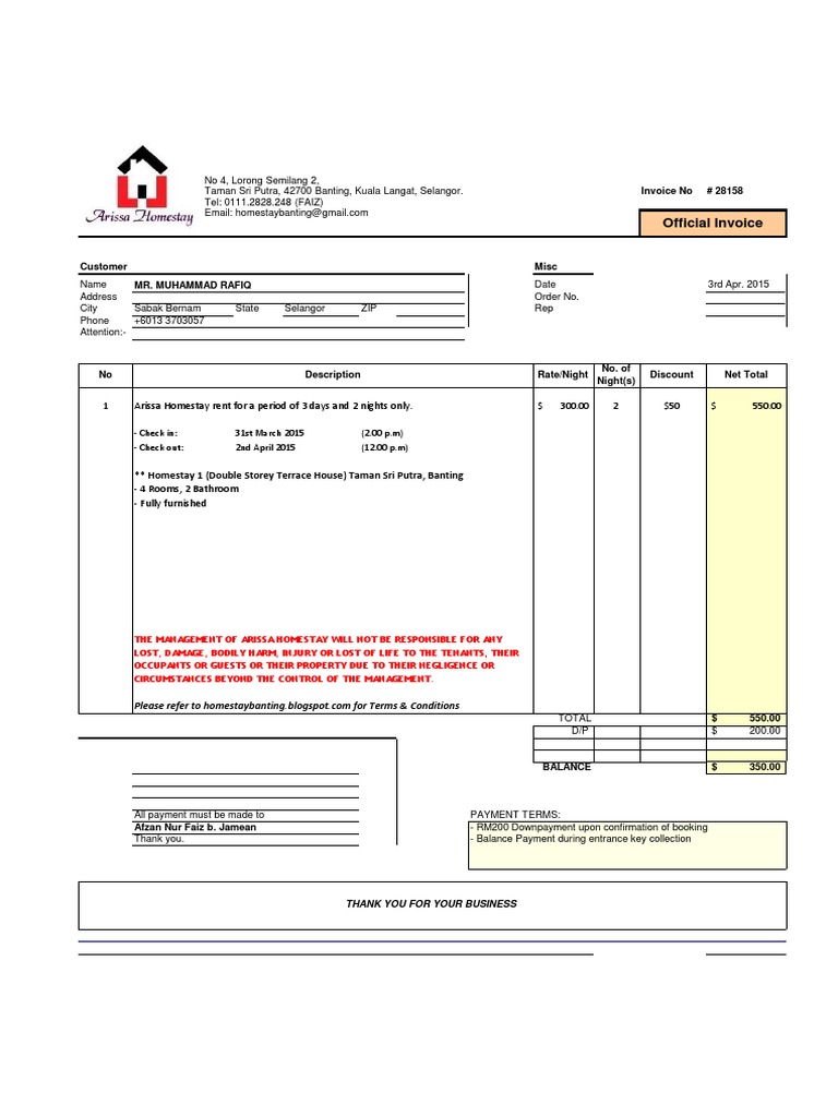 Official Receipt Arissa Homestay 0415 PDF | PDF