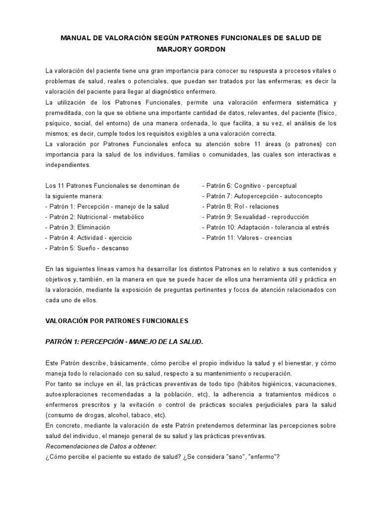 INSTRUMENTO DE VALORACI+ôN POR PATRONES FUNCIONALES DE SALUD DE MARJORY GORDON | PDF | Dormir ...