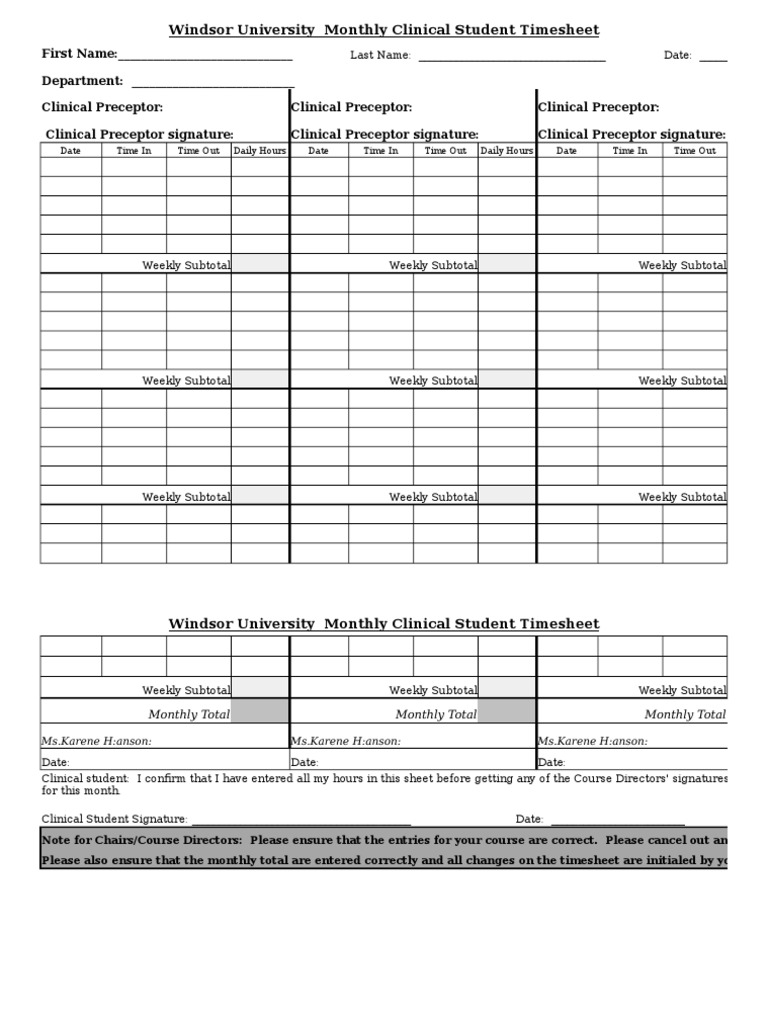 Windsor University Monthly Clinical Student Timesheet | PDF | Wellness