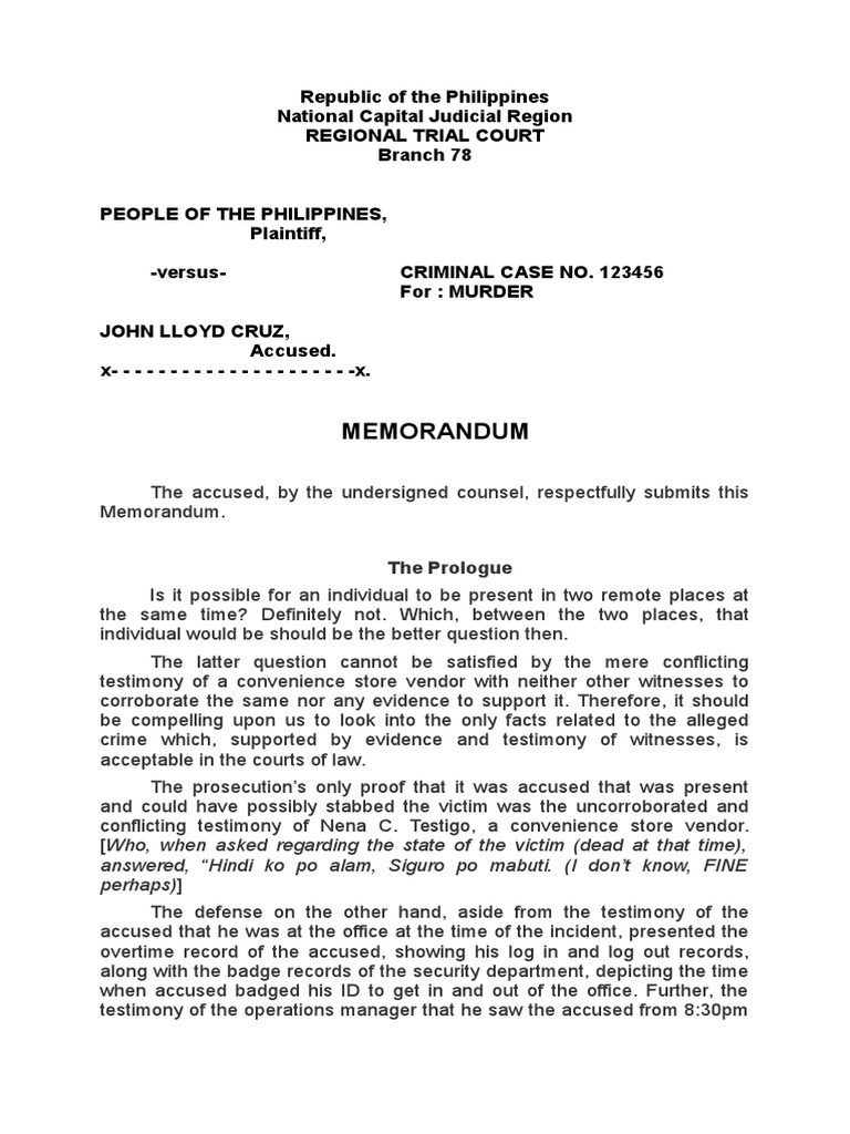 Defendants Memorandum | Burden Of Proof (Law) | Testimony