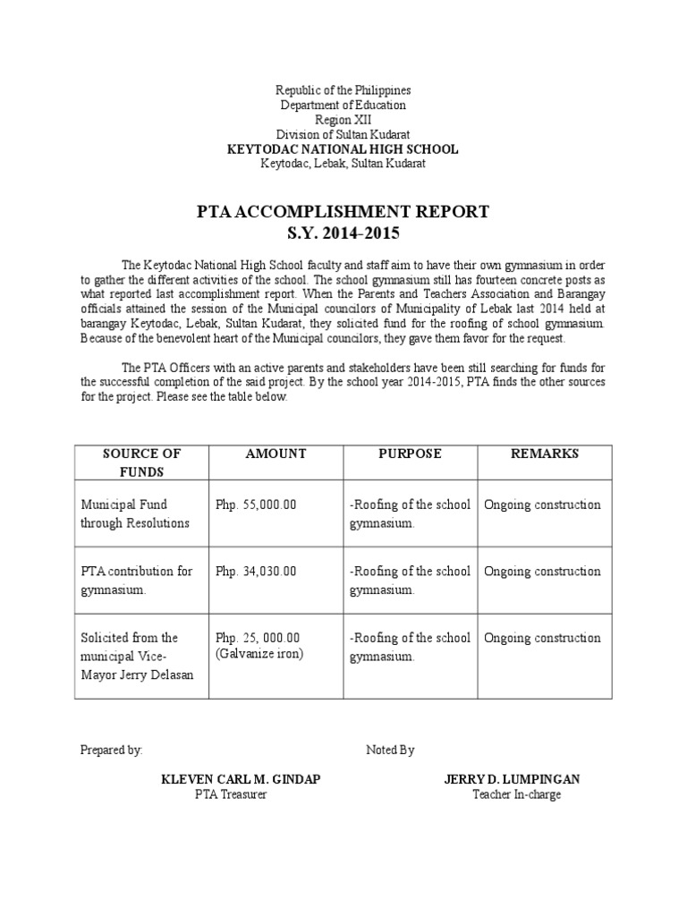 Pta Accomplishment Report S.Y. 2014-2015: Keytodac National High School ...