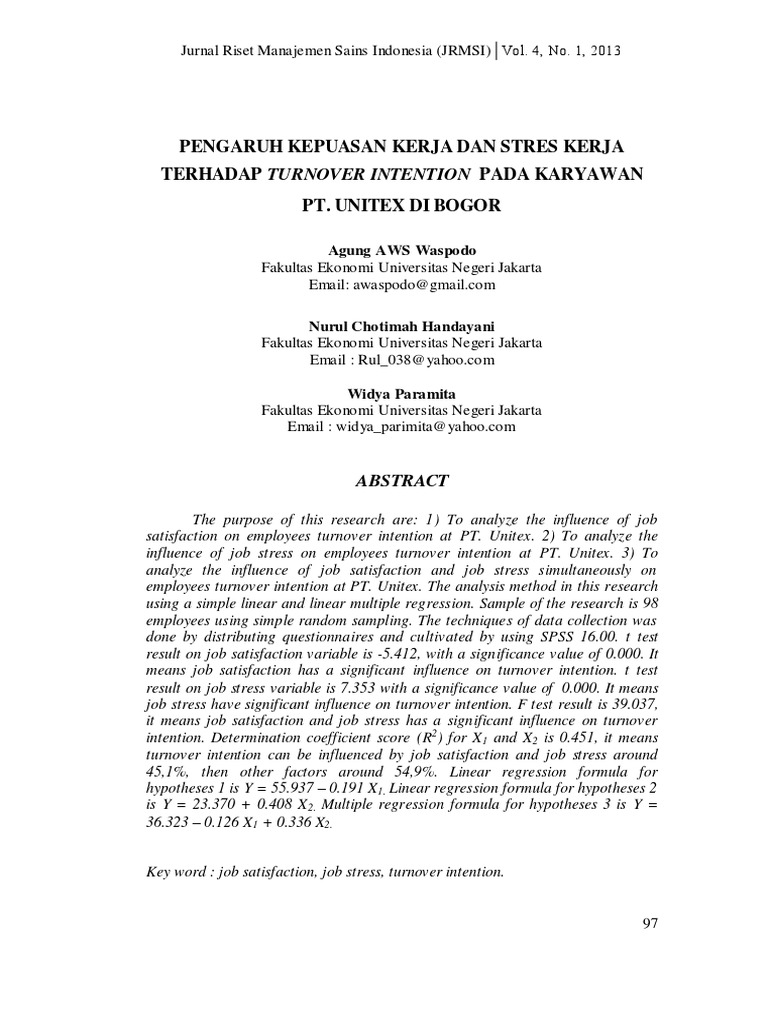 Pengaruh Kepuasan Kerja Dan Stres Kerja Terhadap Turnover Intention ...