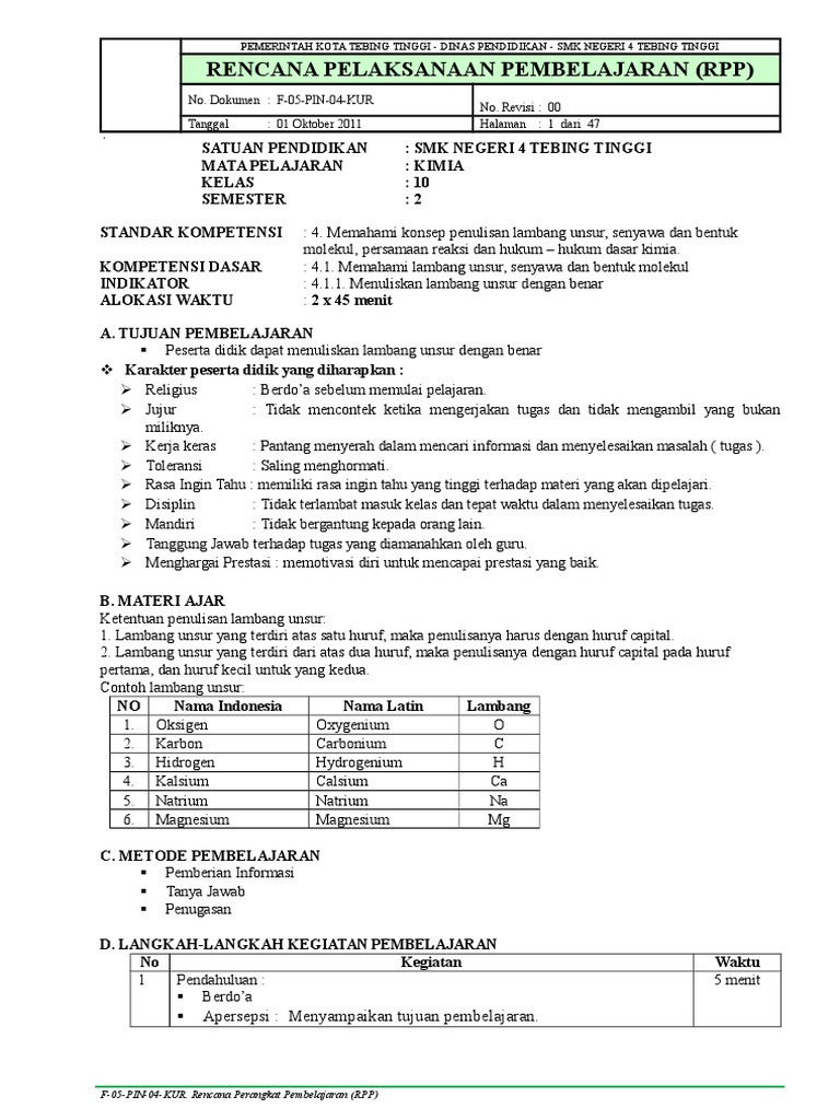 RPP Kimia Kelas 10 | PDF