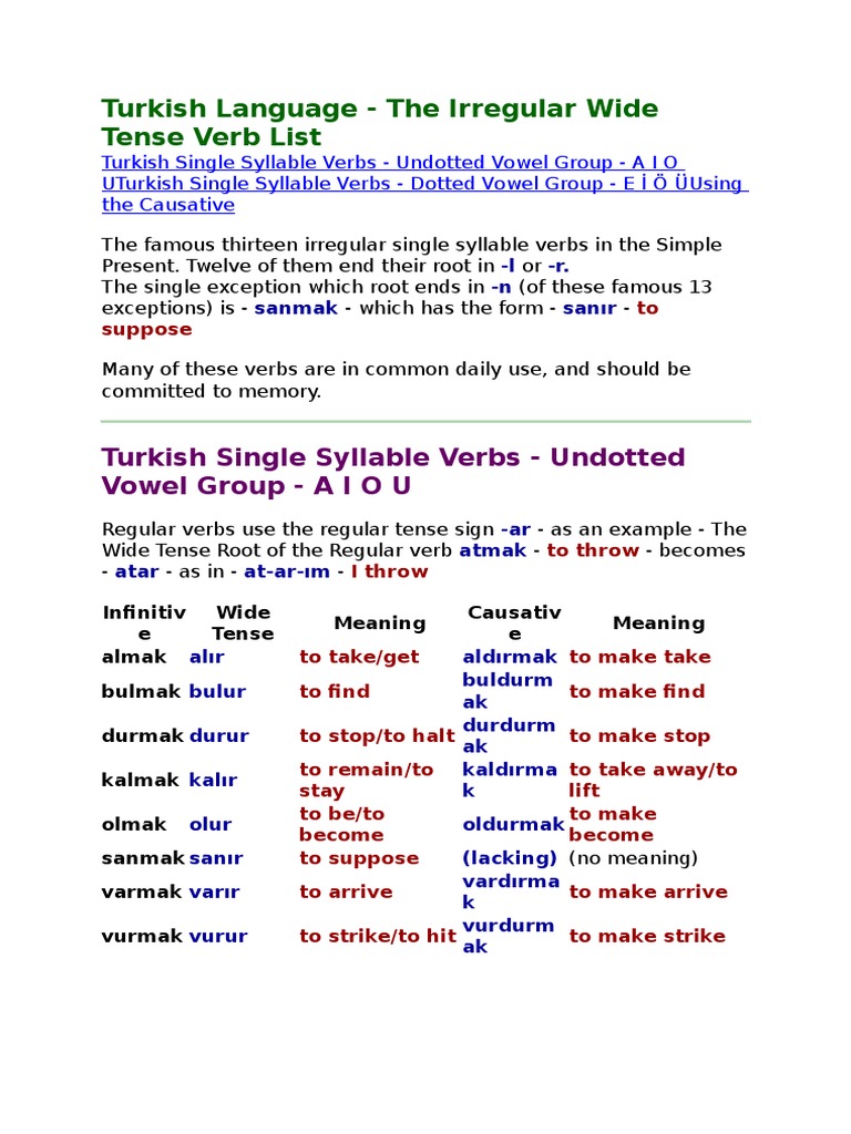 Turkish Verb Tenses for Learners | PDF | Verb | Rules