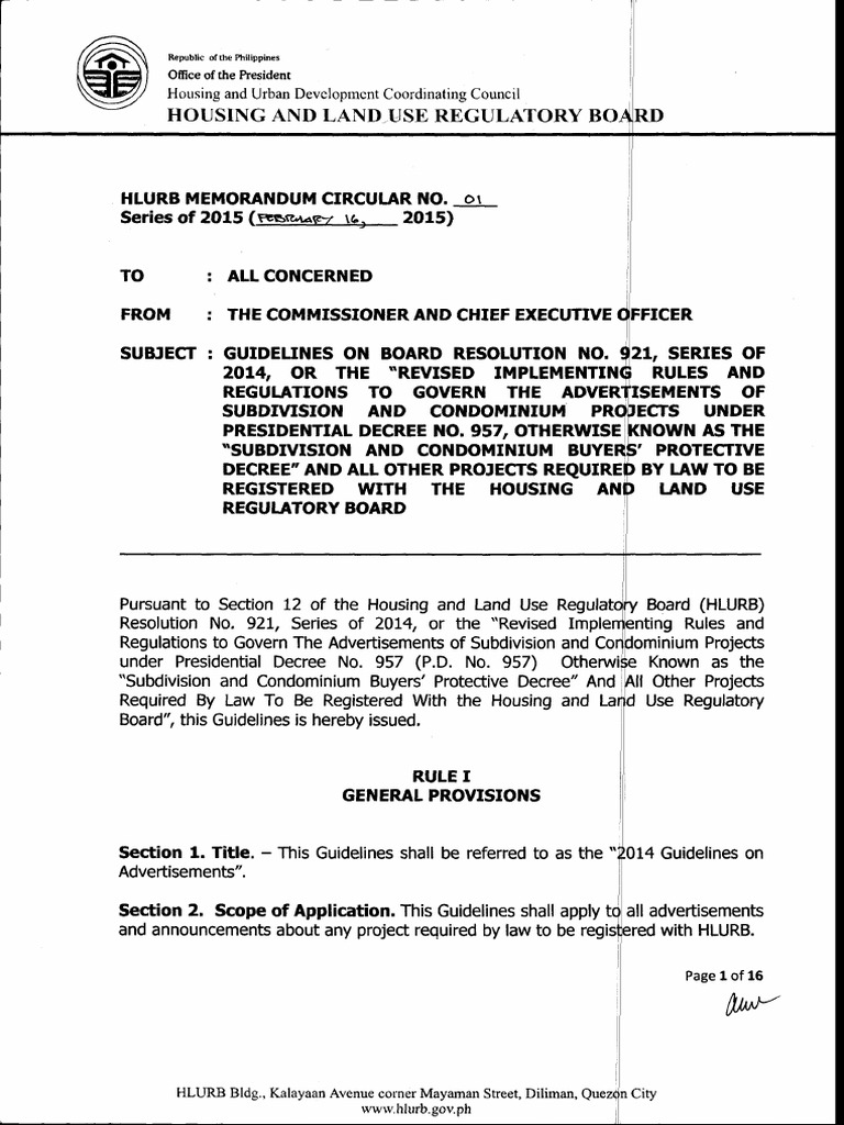 HLURB Guidelines On Advertisements MC-01 Series of 2015 | PDF