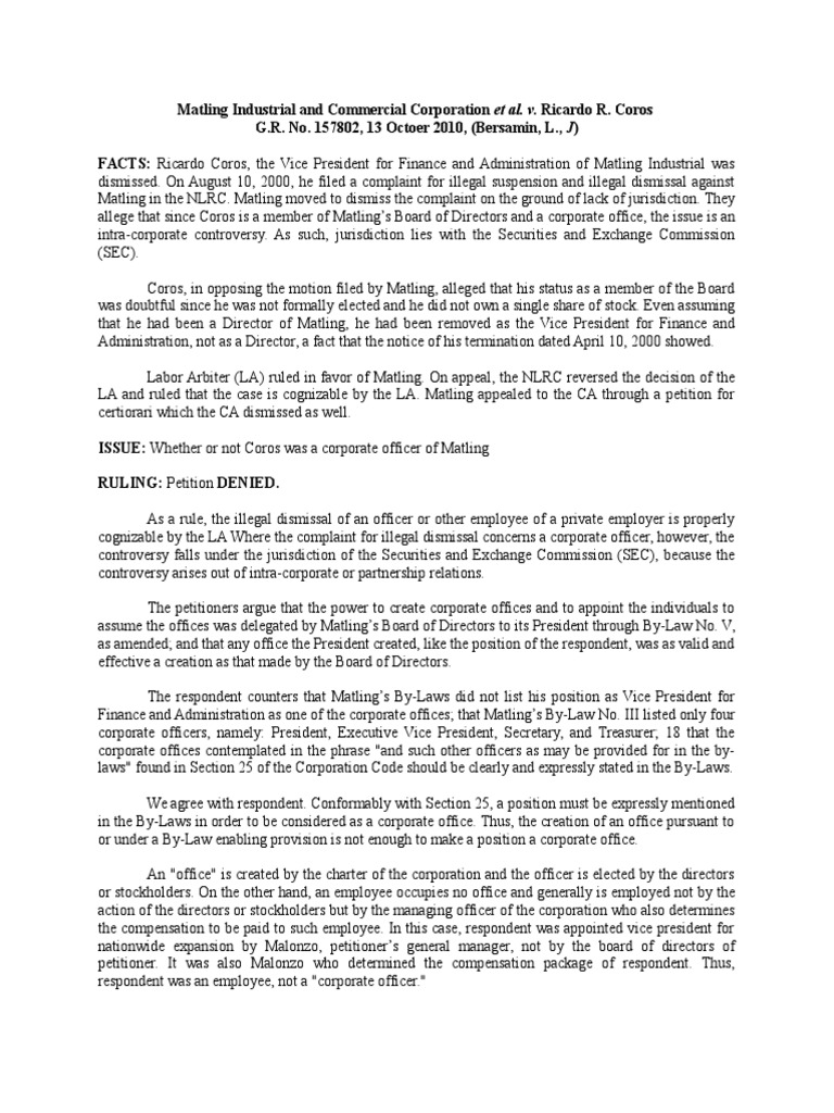 Matling Industrial v. Coros | PDF | By Law | Board Of Directors