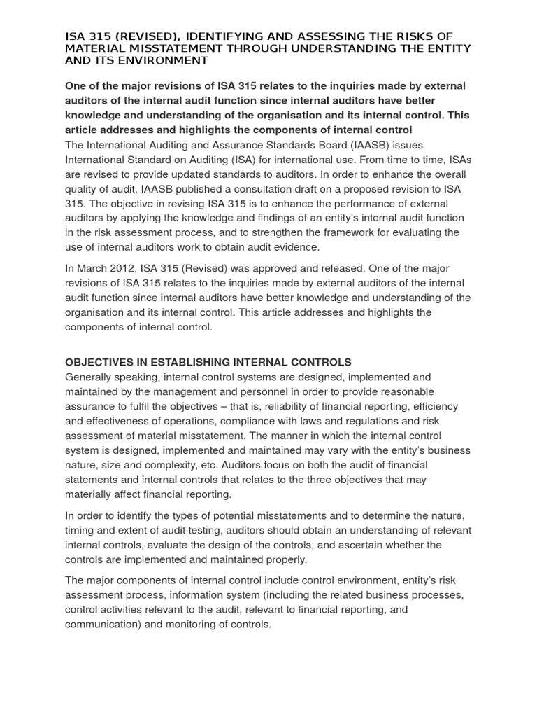 Isa 315 (Revised), Identifying and Assessing The Risks of Material ...