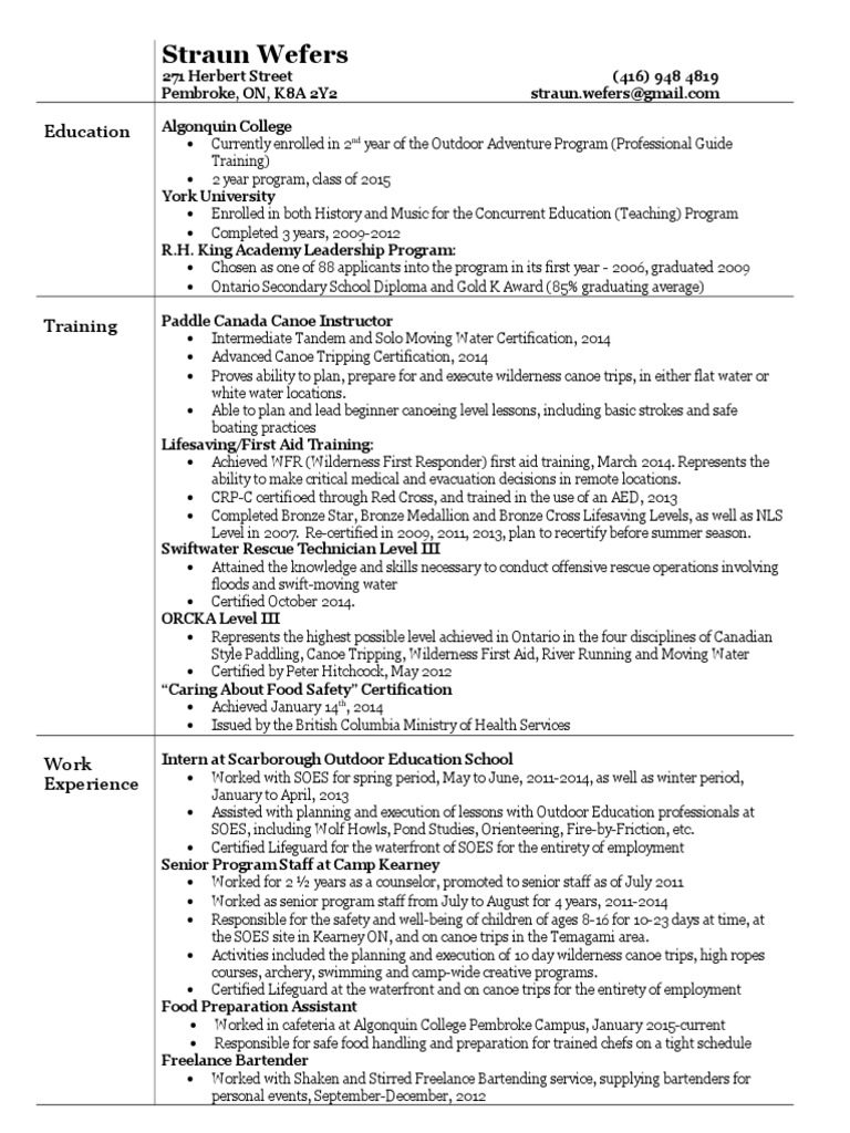 Outdoor Adventure Guide Resume | PDF | York University | Further Education