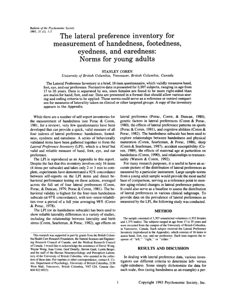 Lateral Preference Inventory 1993 | PDF | Handedness | Behavioural Sciences