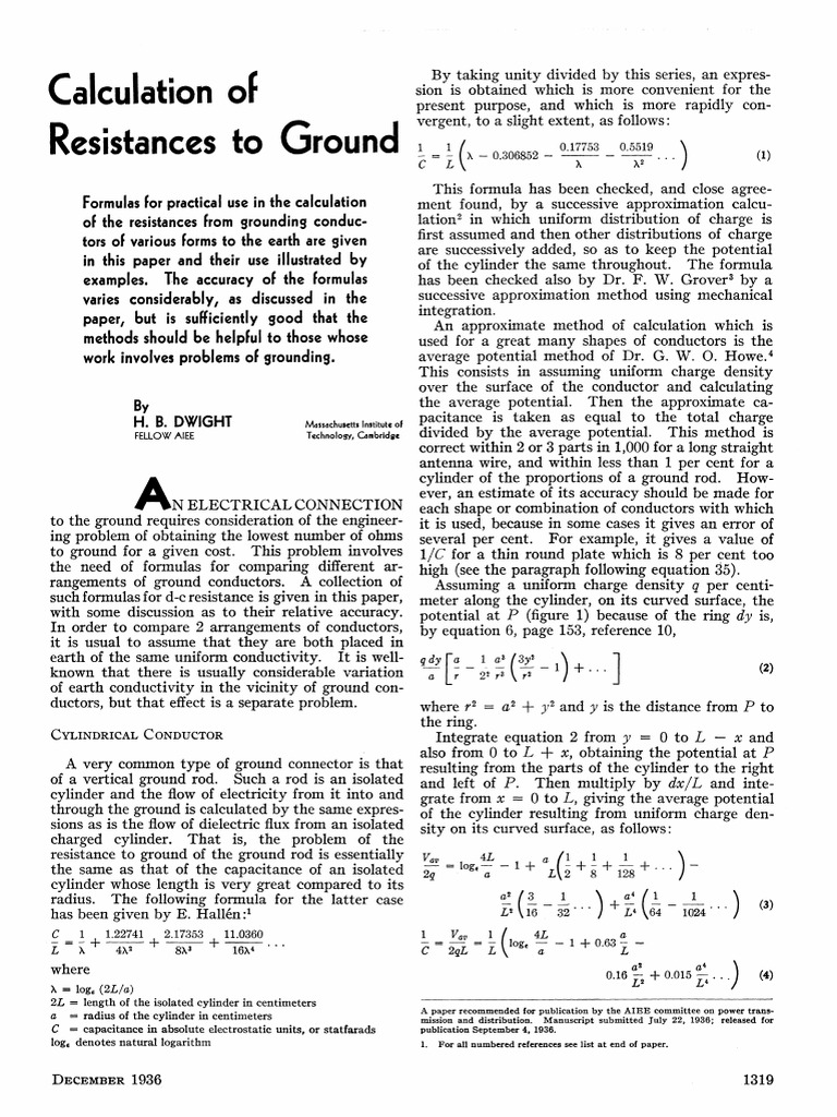 Calculation of Resistance To Ground | PDF | Electrical Resistivity And ...