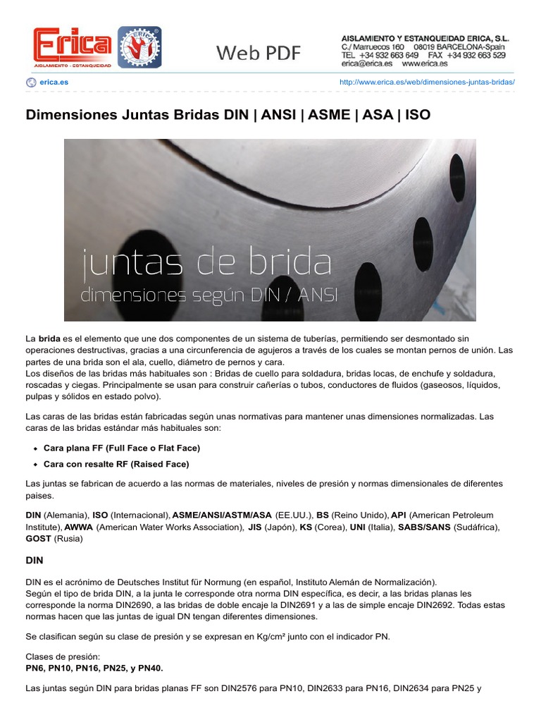 Erica - Es-Dimensiones Juntas Bridas DIN ANSI ASME ASA ISO | PDF | Referencia | Ingeniería mecánica