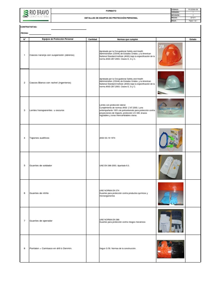 lista de EPP con su respectiva norma.pdf | Administración de Seguridad y Salud Ocupacional ...