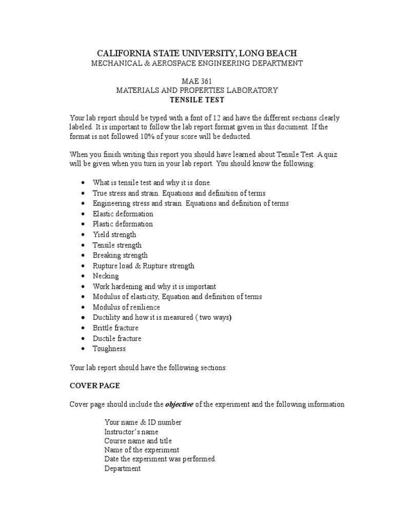 Tensile Test Lab Report MAE 361 | Download Free PDF | Fracture ...