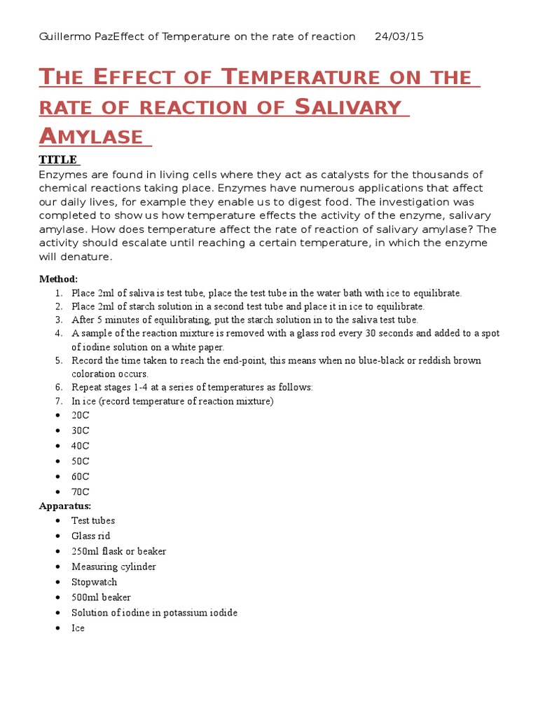 Enzyme Activity With Temperature | PDF | Experiment | Iodine