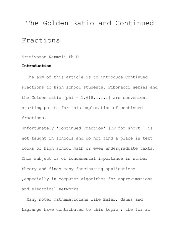 The Golden Ratio, Fibonacci Series and Continued Fractions | PDF | Pi ...