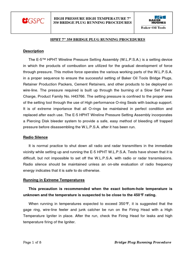 HPHT Bridge Plug Running Procedure | PDF | Cylinder (Engine) | Piston