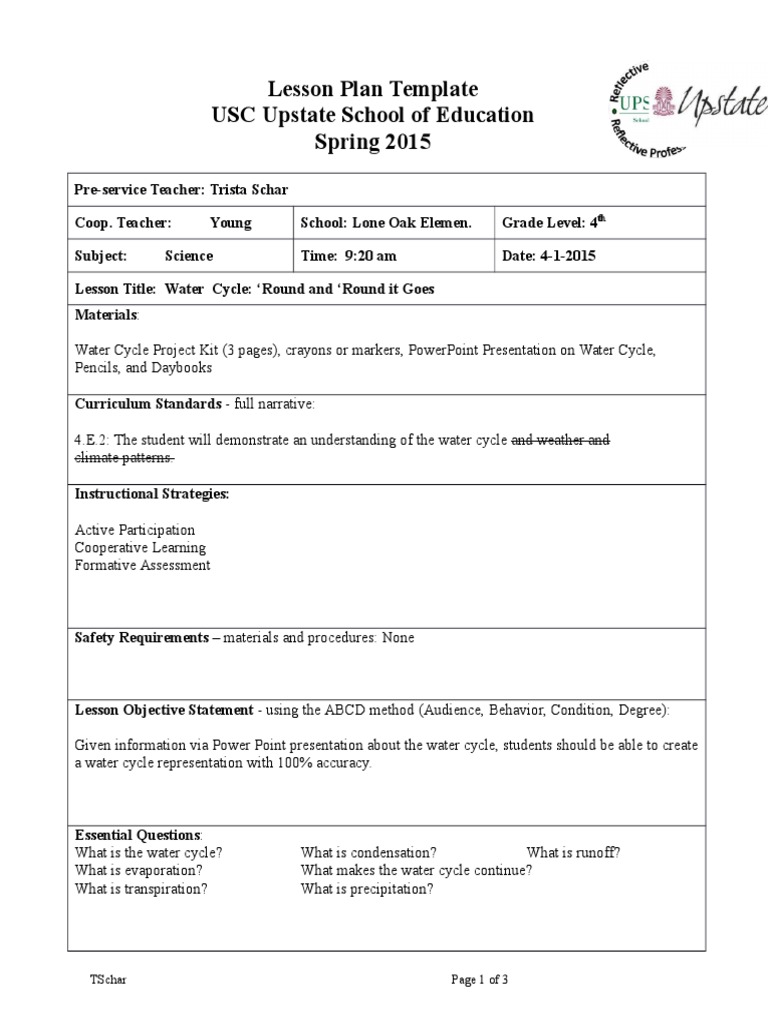 4th Grade Water Cycle Lesson Plan | PDF | Water Cycle | Lesson Plan