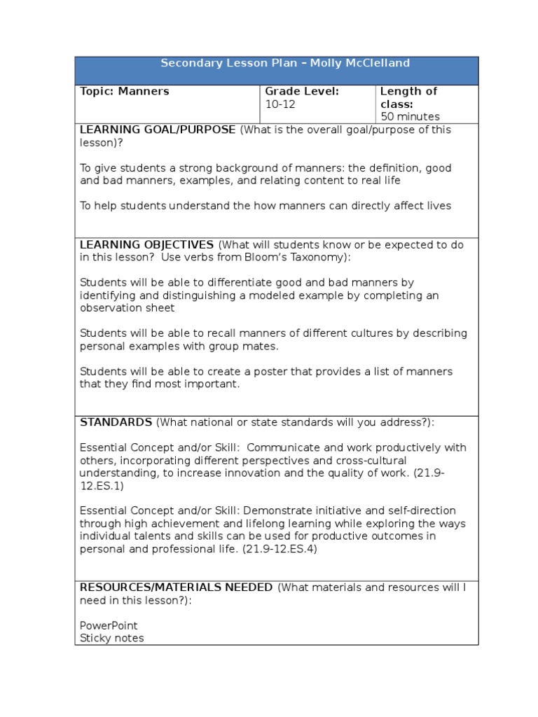 Manners Lesson Plan | PDF | Learning Styles | Lesson Plan