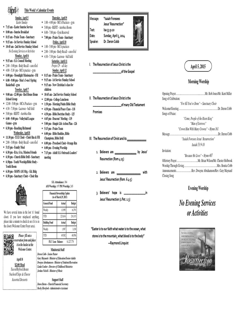 No Evening Services or Activities: April 5, 2015 Morning Worship | PDF ...